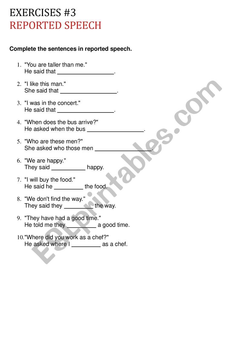 Reported speech - Exercises - ESL worksheet by ronyworld