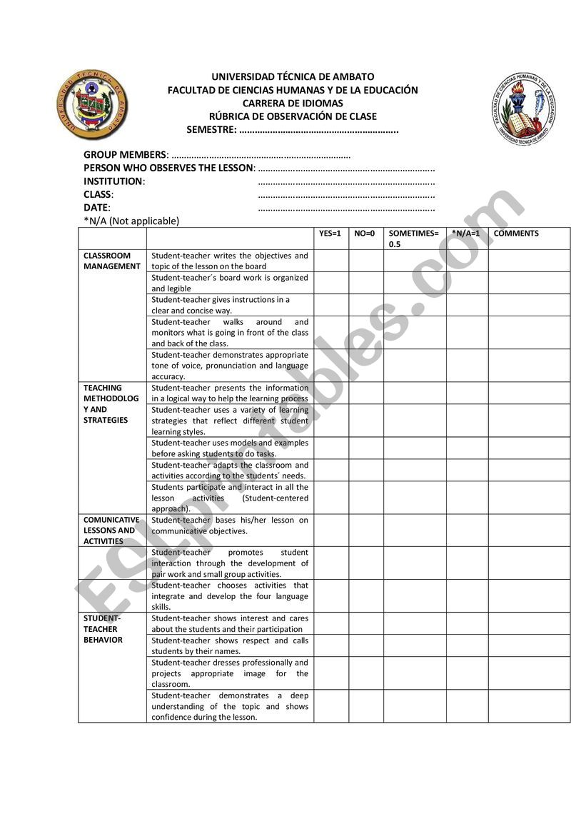 OBSERVATION SHEET - ESL worksheet by kari8888