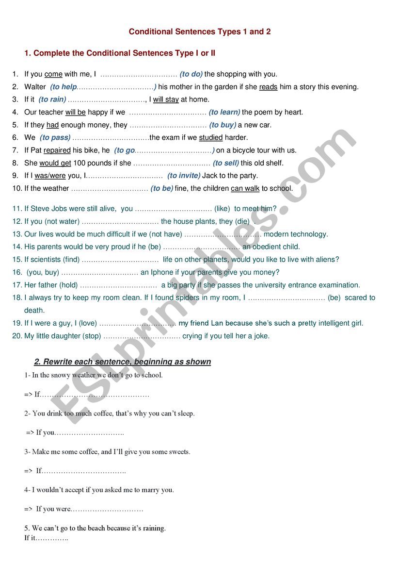 Conditional sentences type 1 and 2 - ESL worksheet by Nga Duong