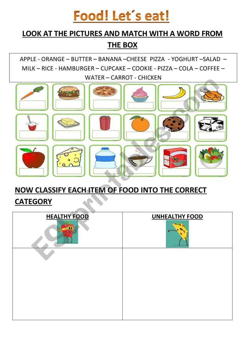 Food: Let´s eat! Healthy vs Unhealthy food! - ESL worksheet by rocio88