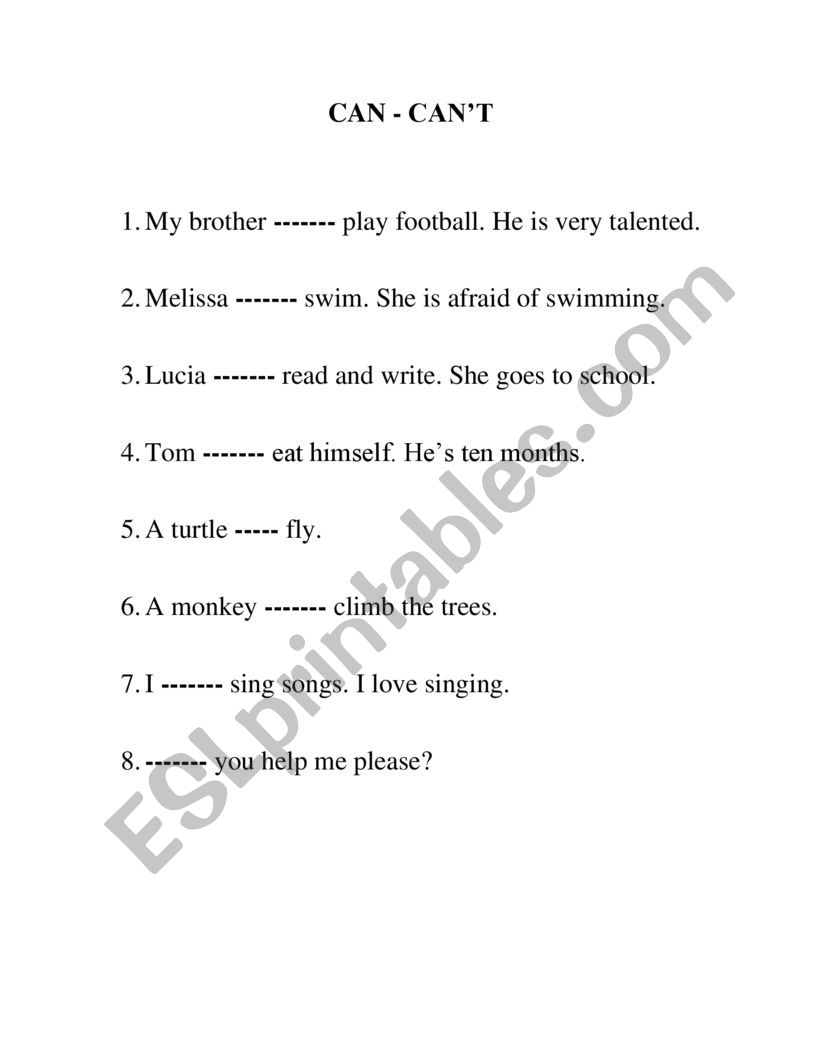 CAN / CAN’T - ESL worksheet by BLUEBRIDGE