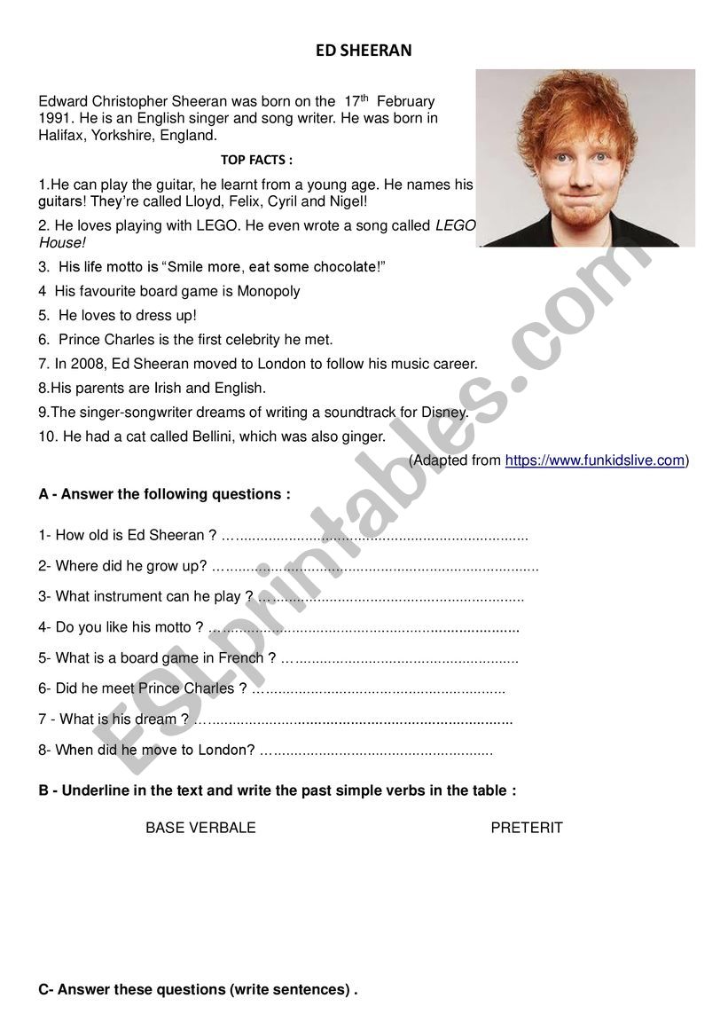 Ed Sheeran´s top facts - ESL worksheet by Shizuka74