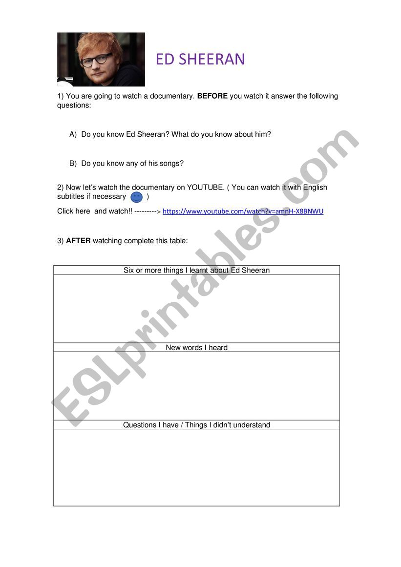 Ed Sheeran - ESL worksheet by onirica_321
