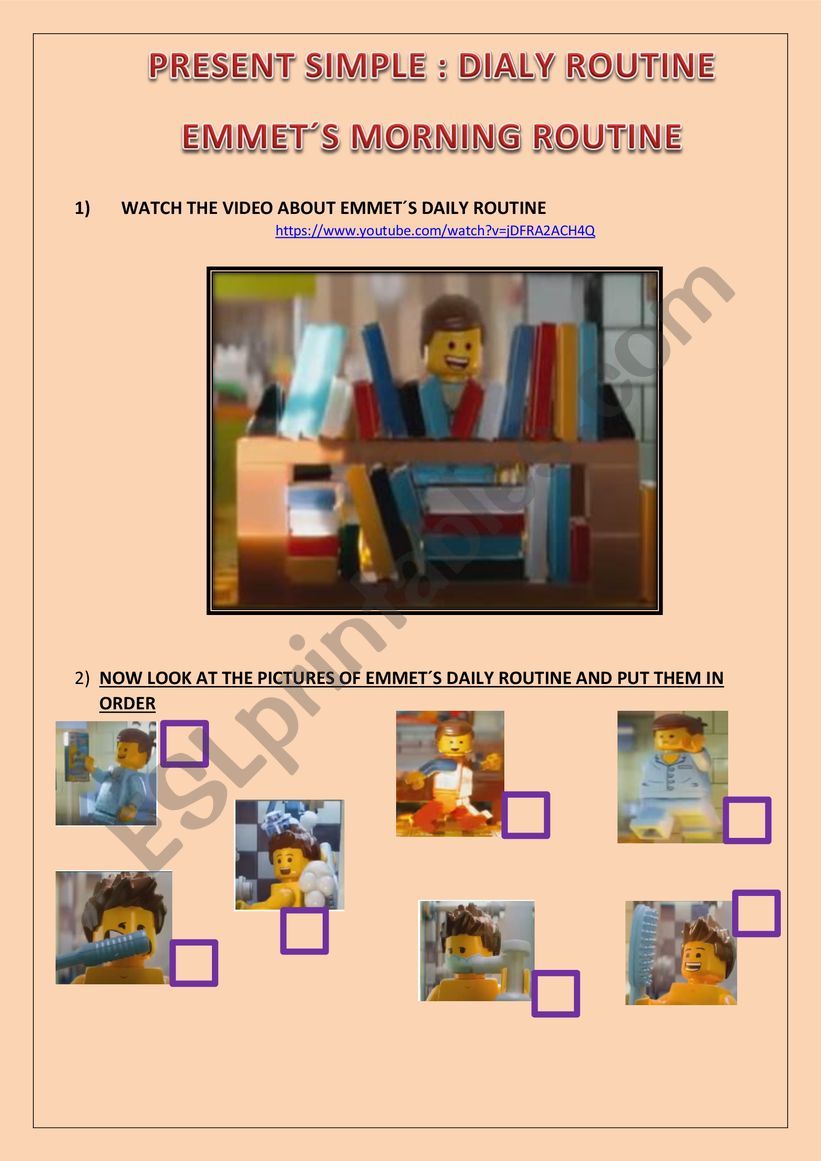 LEGO MOVIE: EMMET´S DAILY ROUTINE - ESL worksheet by rocio88