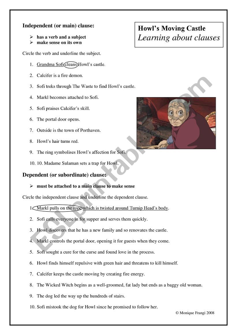 Howl´s moving castle indep and Dependant clauses - ESL worksheet by keviin