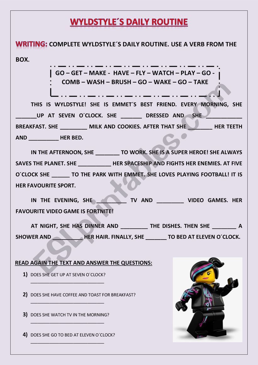 LEGO MOVIE: WILDSTYLE´S DAILY ROUTINE - ESL worksheet by rocio88