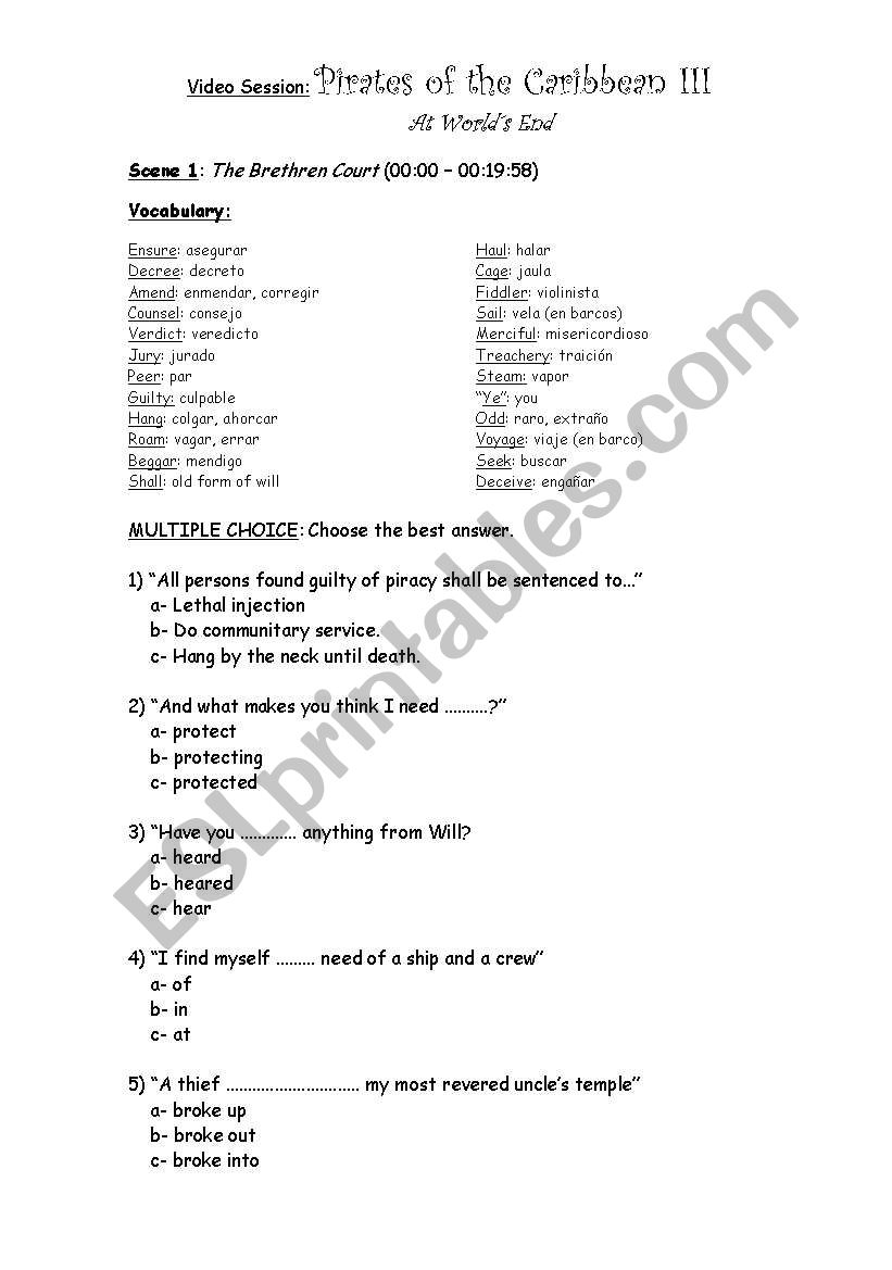 Pirates of the Caribbean "At World´s End" - ESL worksheet by noesantos