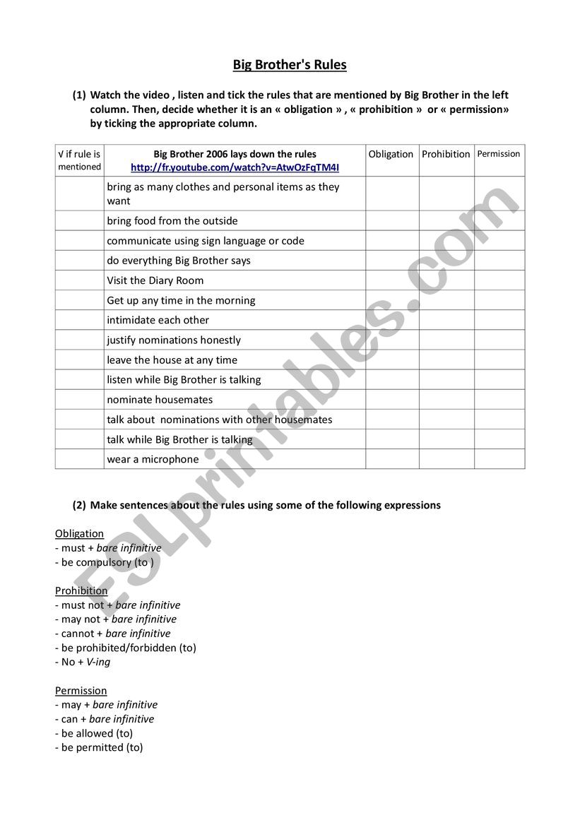 Big Brother´s rules - ESL worksheet by wyattenette