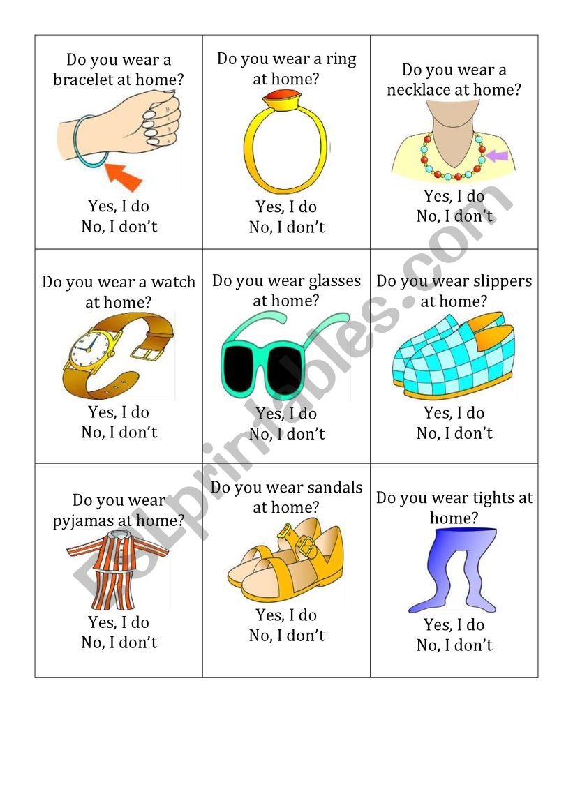 clothes (go fish) with questions: do you wear ...? yes, I do/ no, I don ...