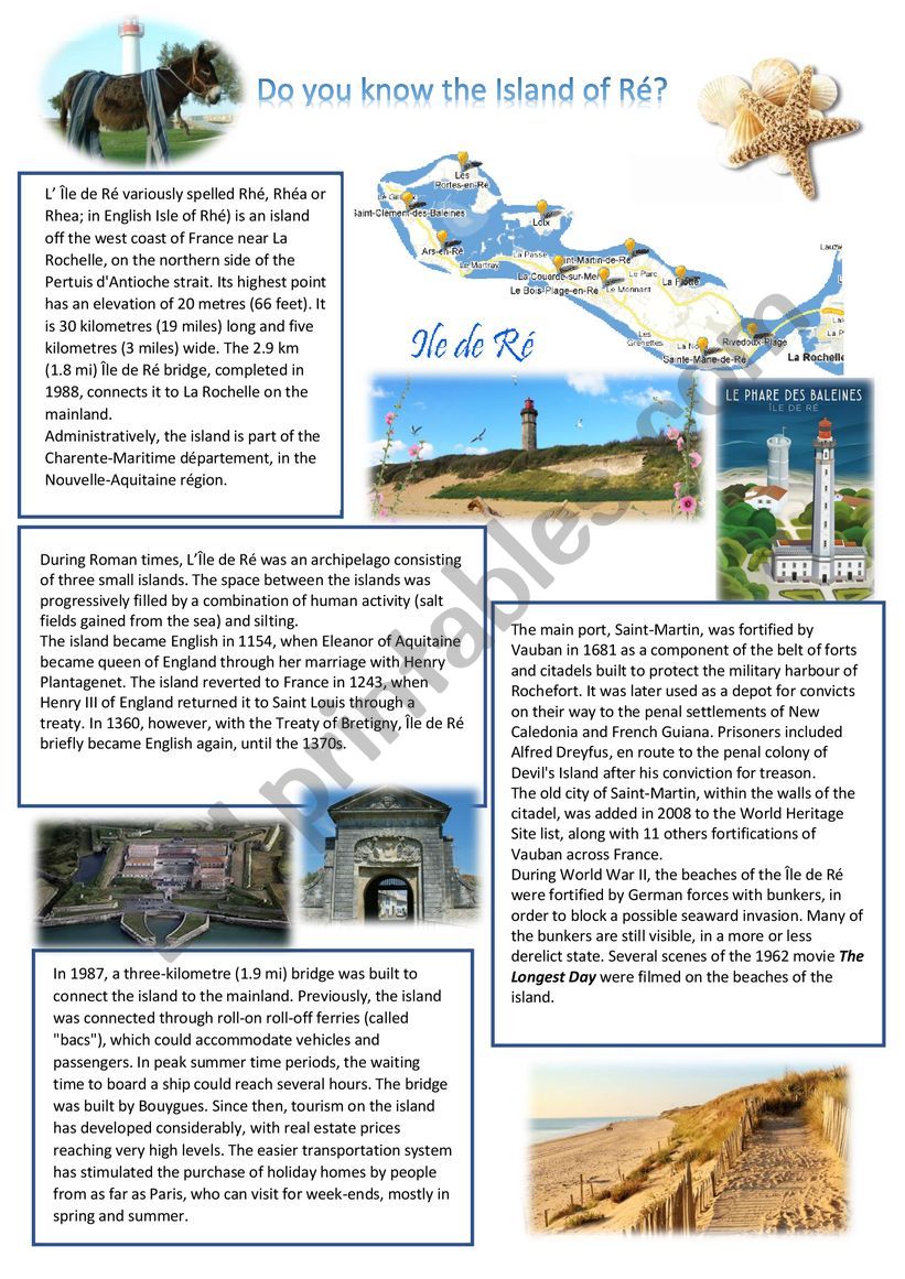 Reading Comprehension with keys - Do you know the Island of Ré ? - ESL ...
