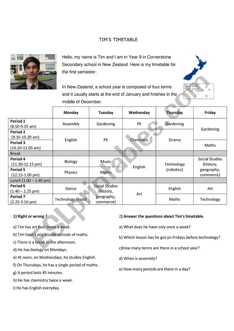 Tim´s timetable (a new zealander year 9 pupil´s timetable) - ESL ...