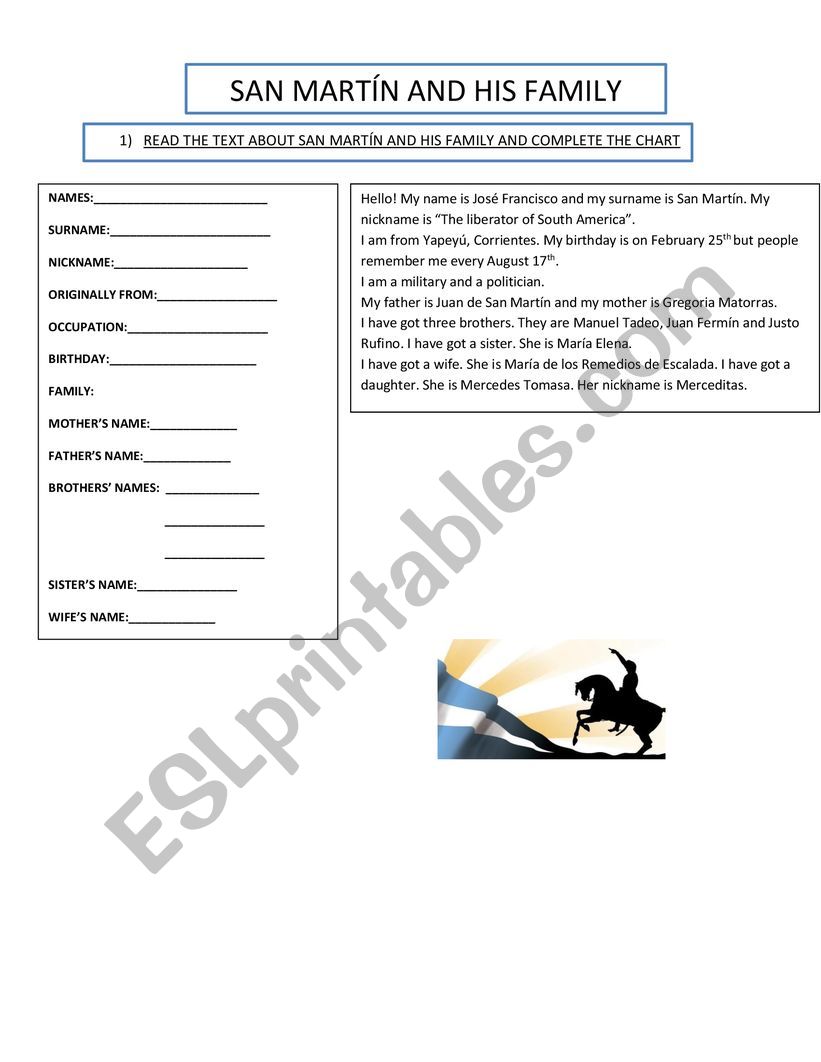 SAN MARTÍN AND HIS FAMILY - ESL worksheet by paulaallende