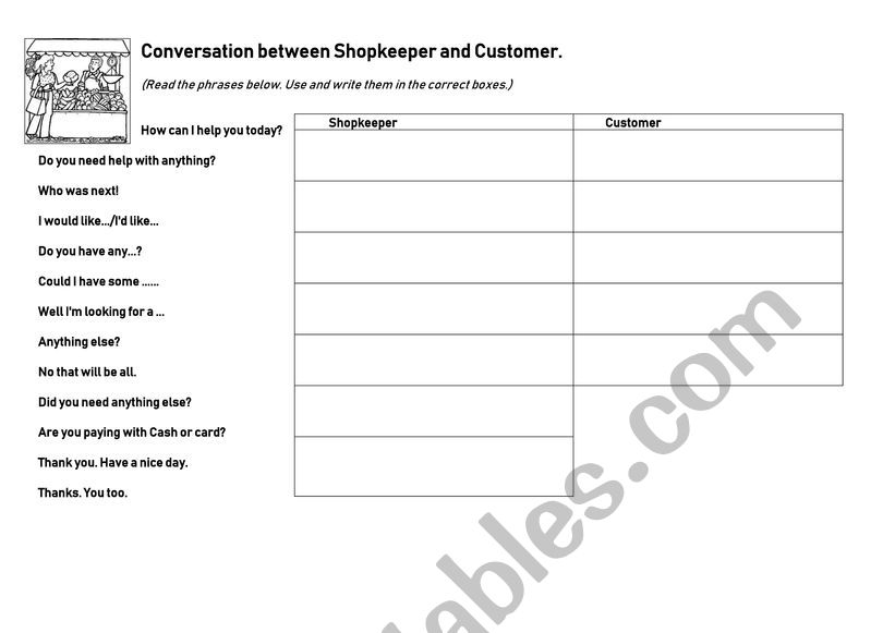 Conversation between customer and shopkeeper - ESL worksheet by Bav55 Conversation between customer and shopkeeper - ESL worksheet by Bav55