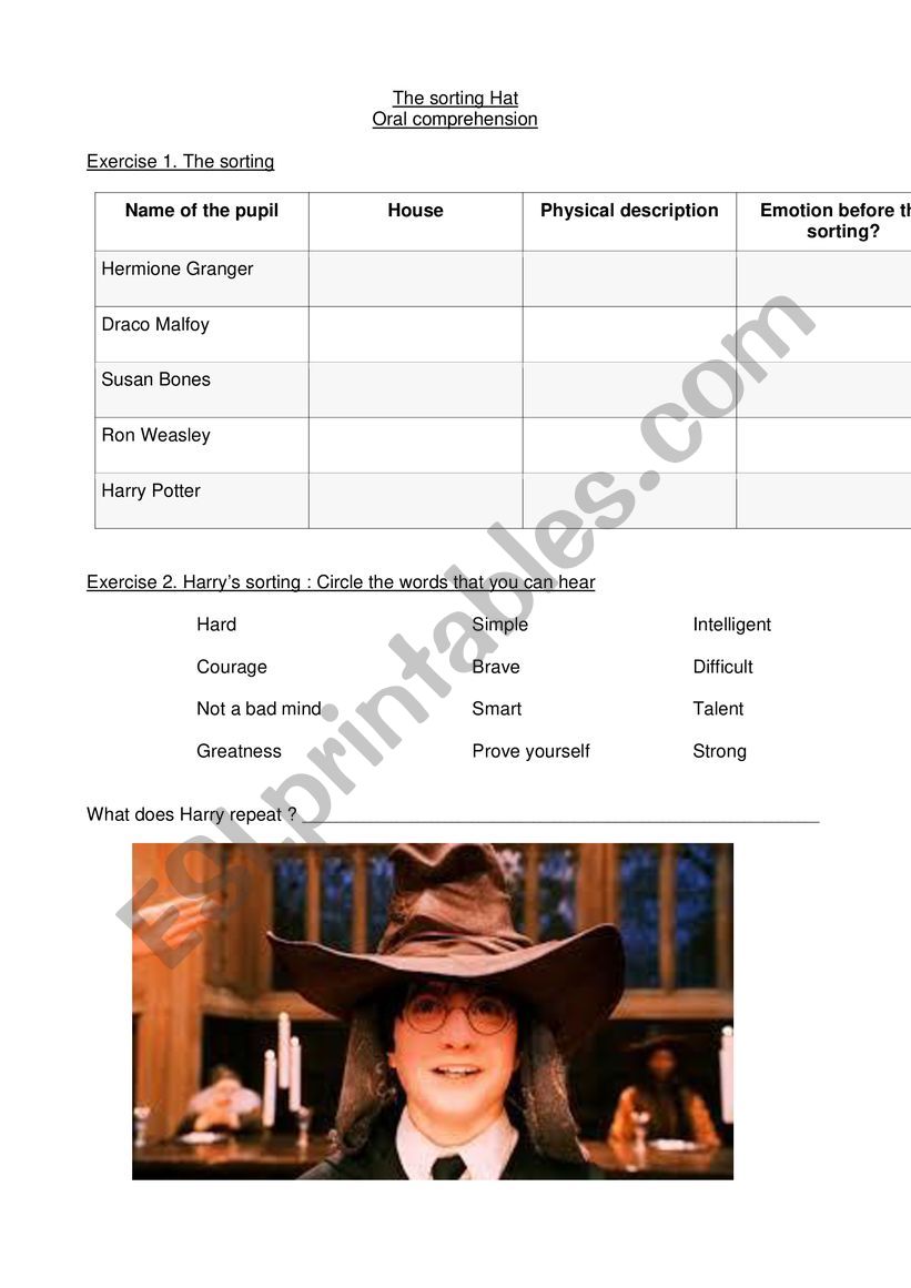 Sorting Hat - Oral comprehension - ESL worksheet by Jlbmgmmgt