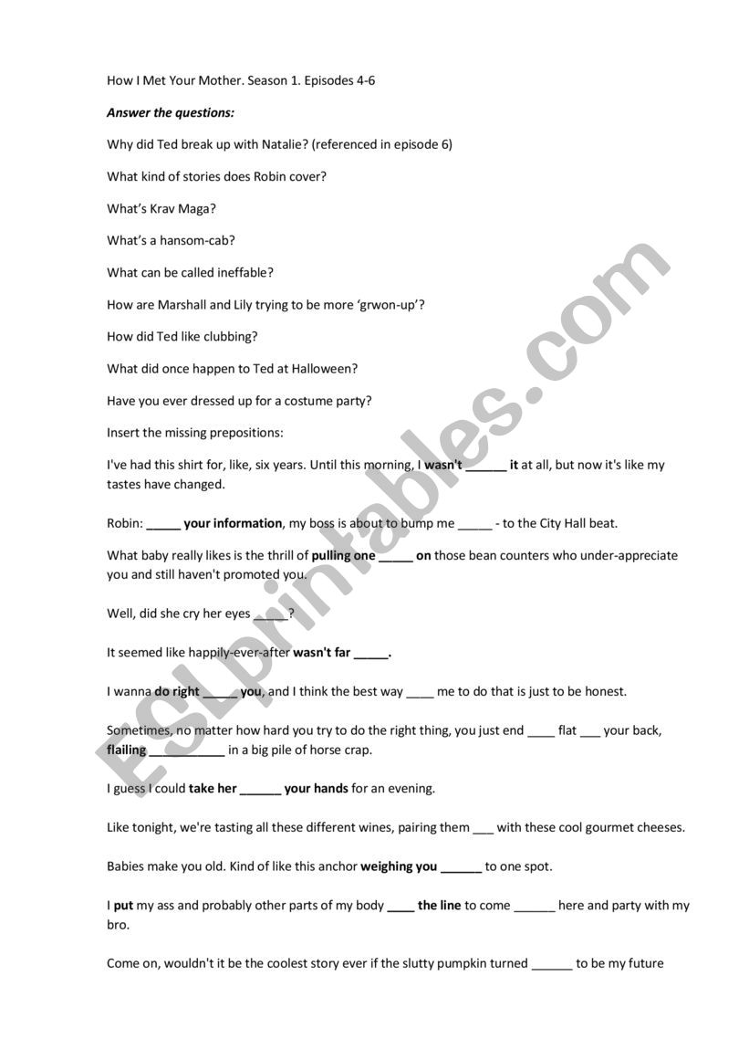 How I Met Your Mother. Season 1. Episodes 4-6. Worksheet - ESL ...