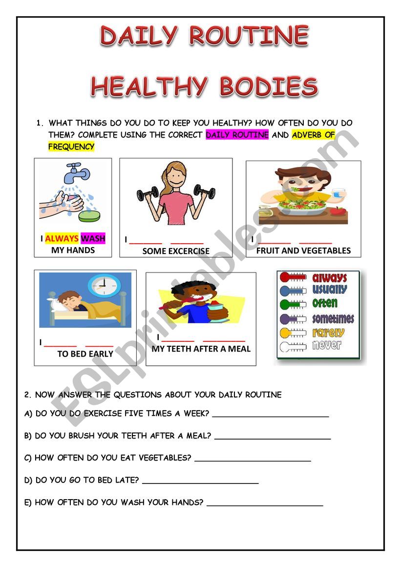 DAILY ROUTINE: HEALTHY BODIES - ESL worksheet by rocio88 DAILY ROUTINE: HEALTHY BODIES - ESL worksheet by rocio88