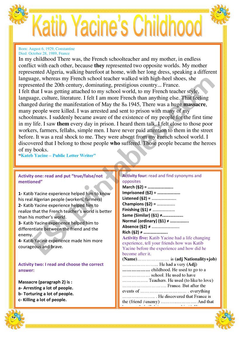 Katib Yacine’s Childhood - ESL worksheet by nounaone333