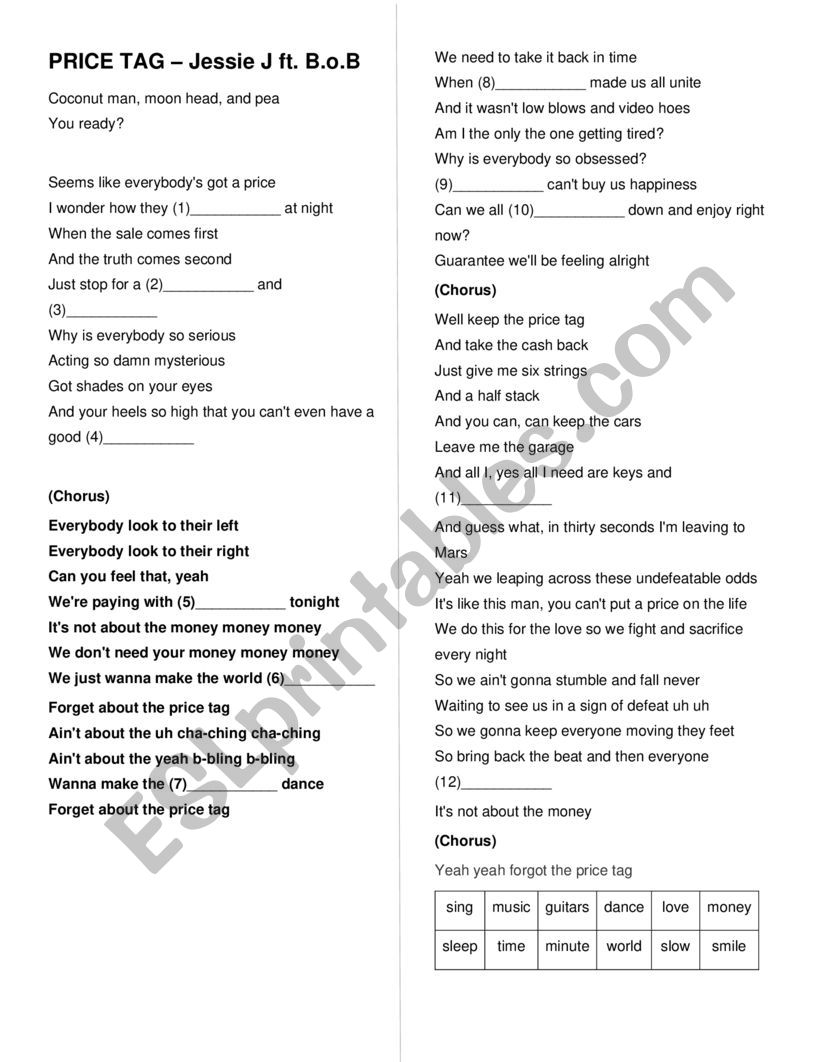 Music worksheet_Price Tag by Jessie J ft. BOB - ESL worksheet by Lynh