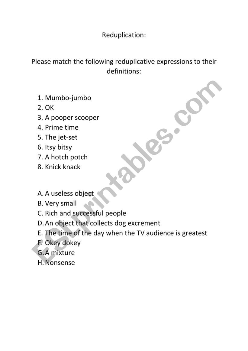 English worksheets: Reduplication