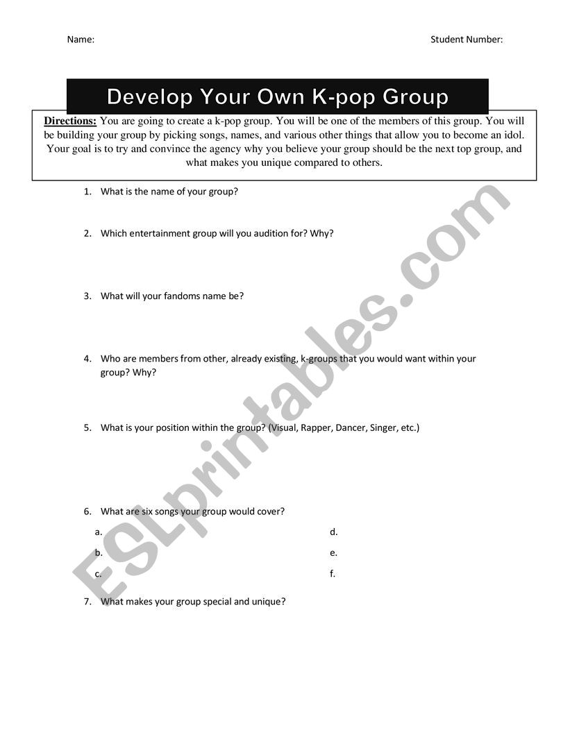 English worksheets: Develop Your Own K-pop Group