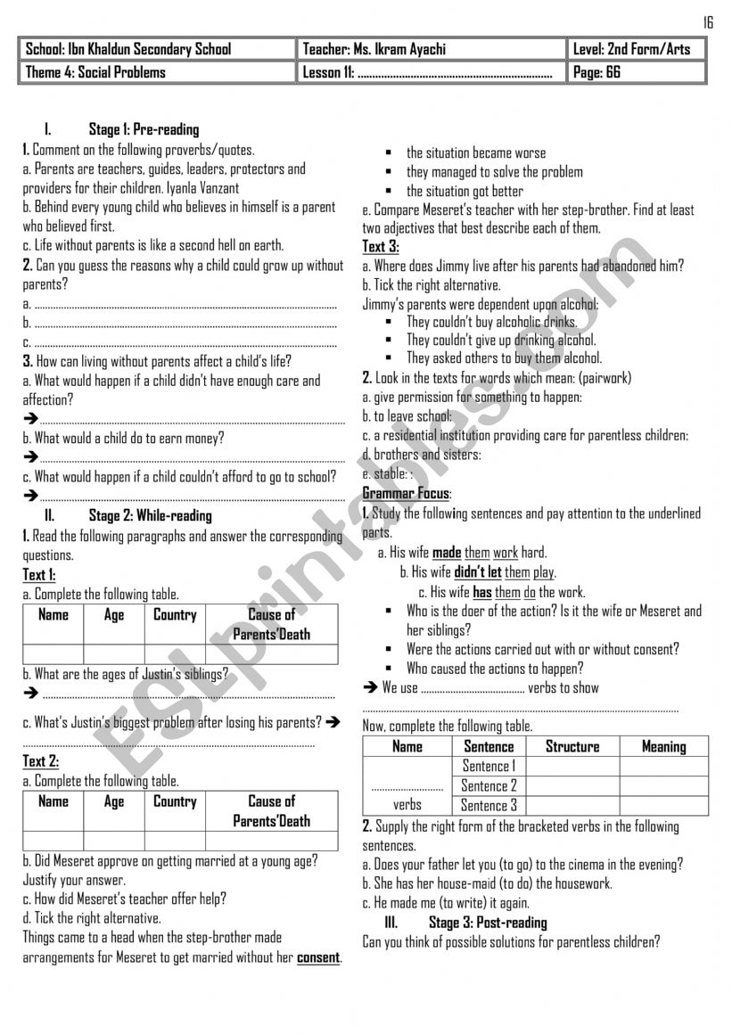 2nd Form - Lesson n° 11 - Life without Parents - ESL worksheet by ...