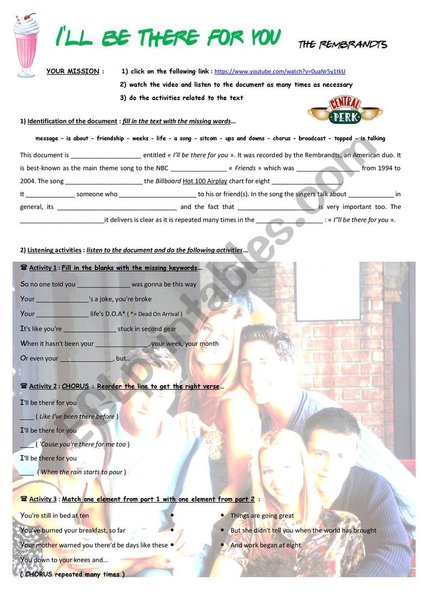 Friends : "IÂ´ll be there for you" - ESL worksheet by Krysstl