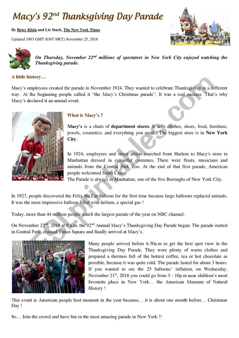 MacyÂ´s Thanksgiving Day Parade - ESL worksheet by Krysstl