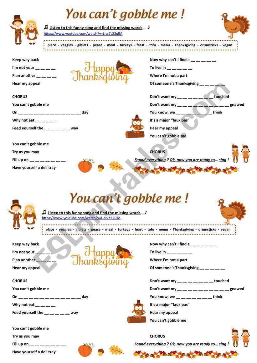 You can´t gobble me ! - ESL worksheet by Krysstl