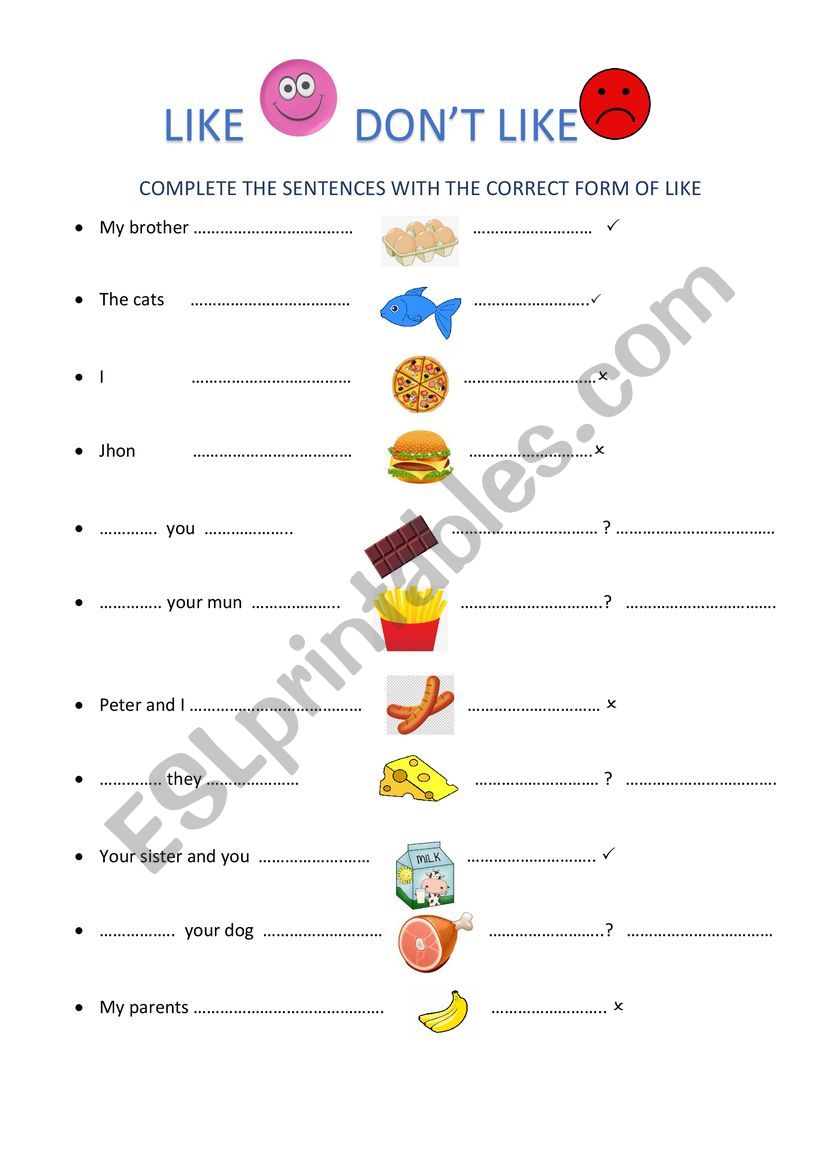 Like Dont Like Food Worksheet