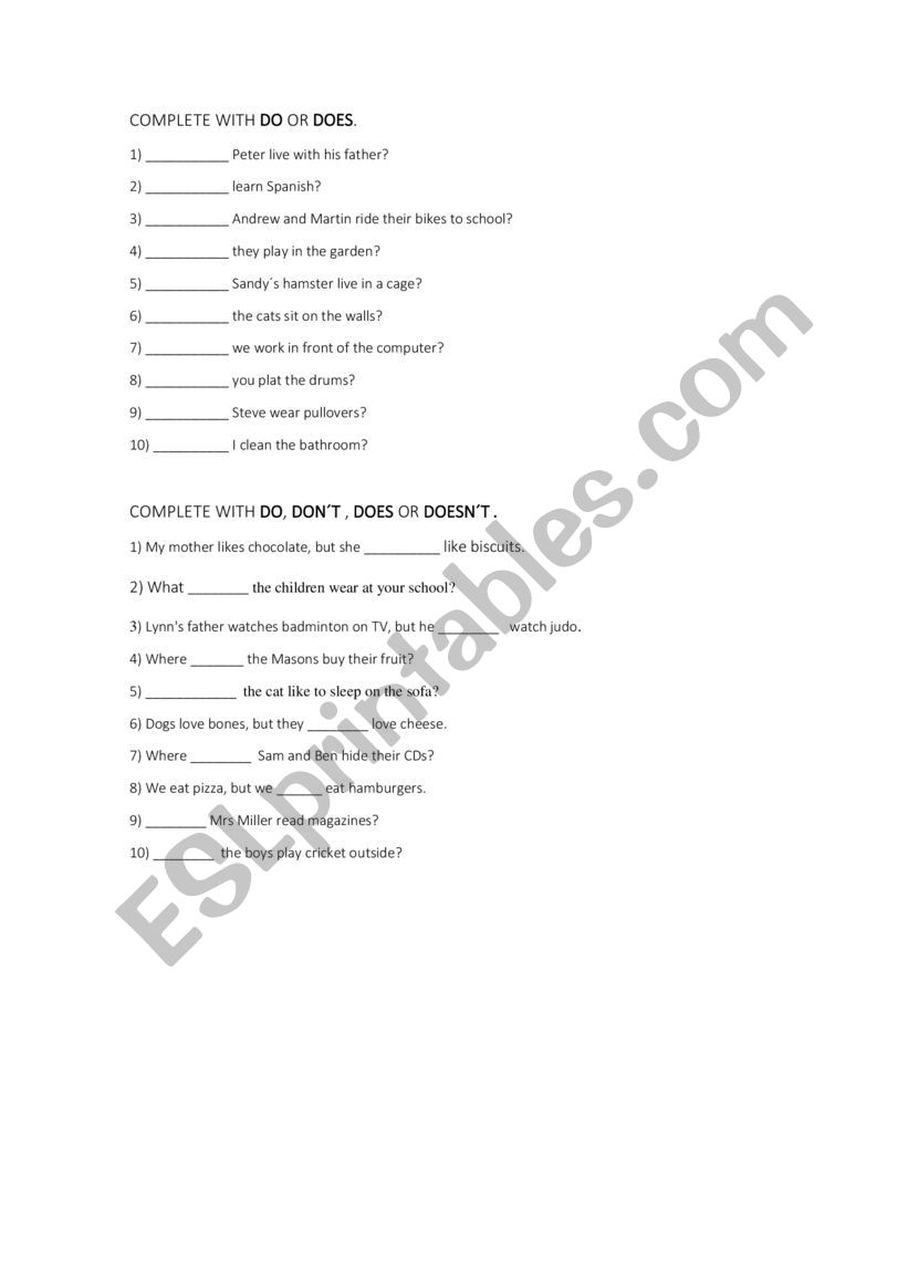 Sentences with Do, Does, Don´t or Doesn´t - ESL worksheet by ...