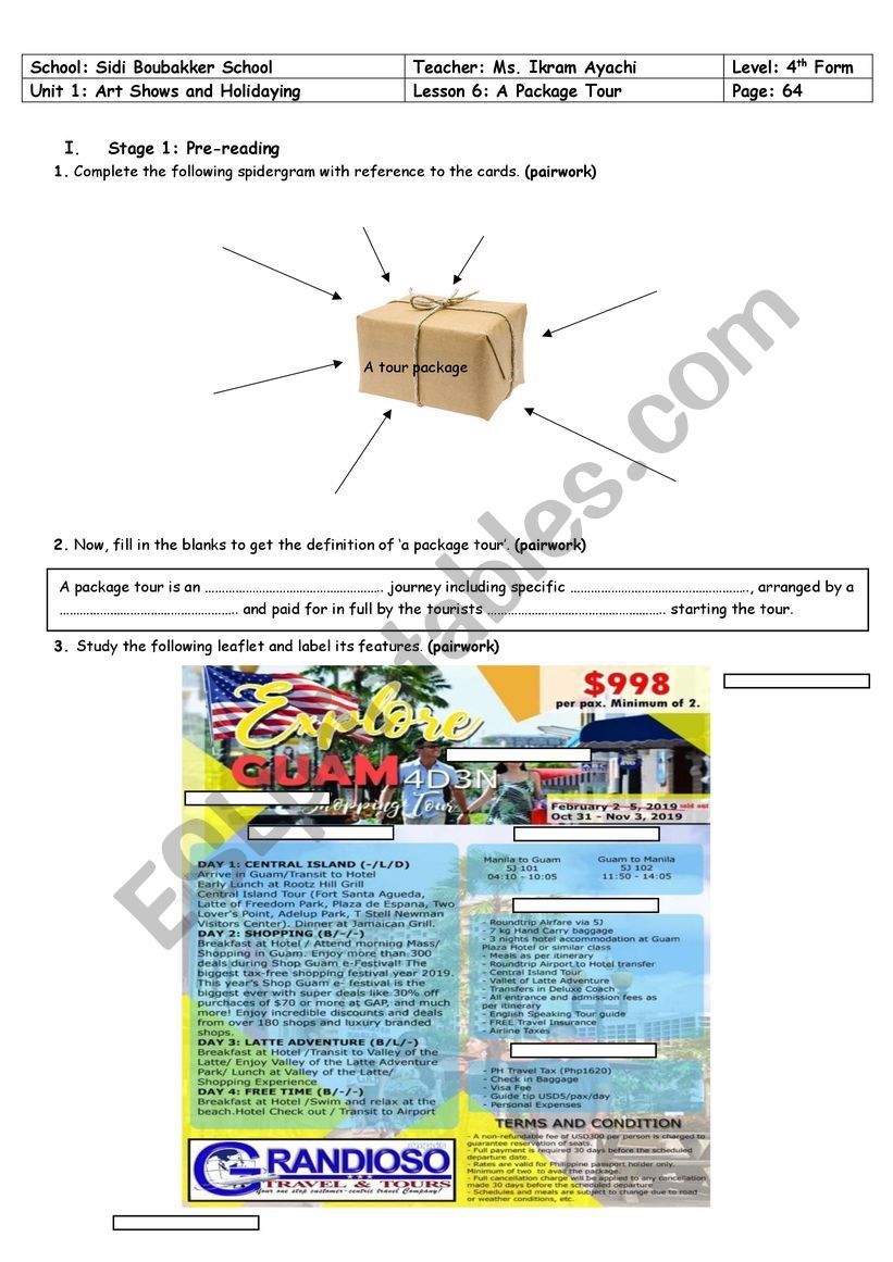 4th Form - Unit 1 - Lesson n° 6 - A Package Tour - ESL worksheet by ...