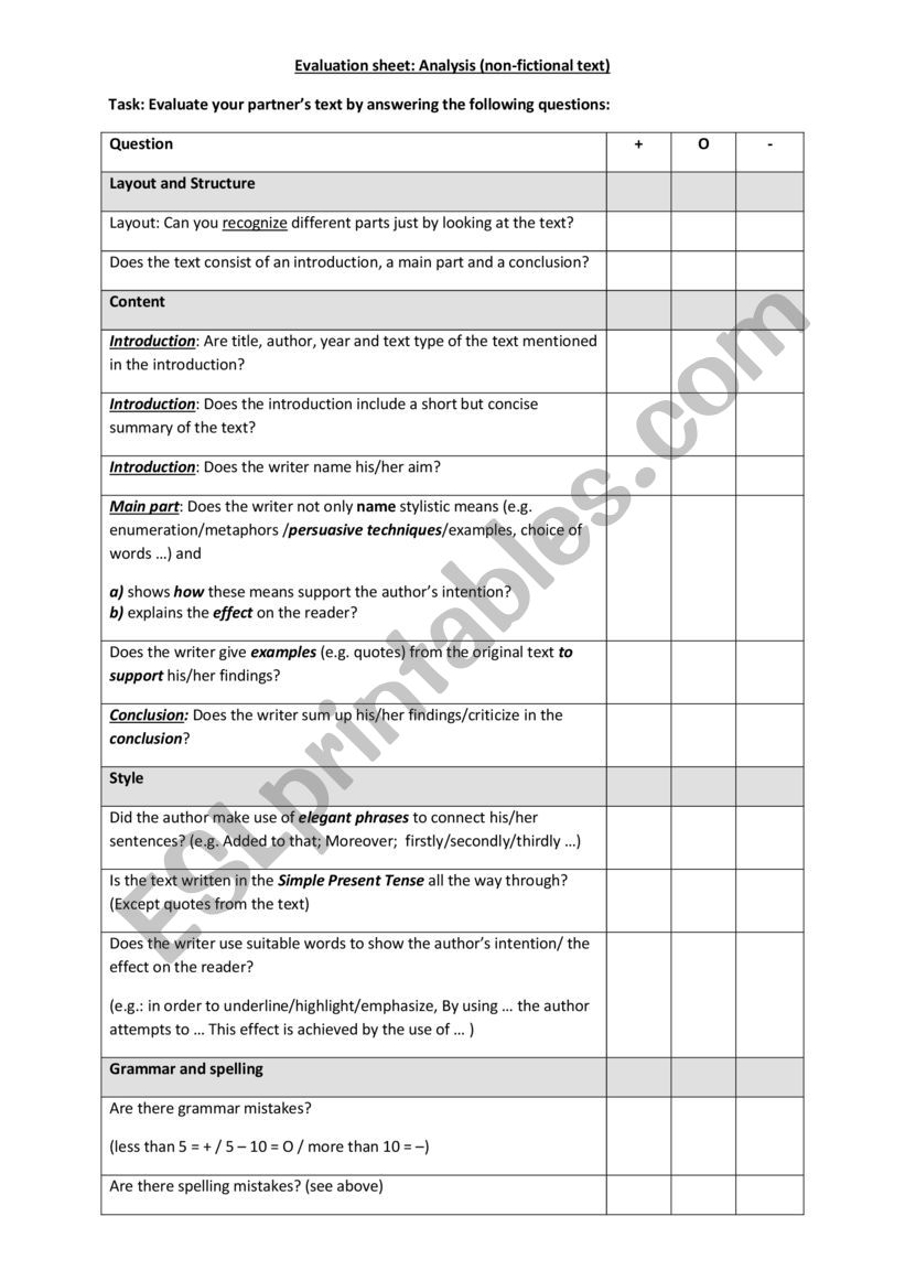 Peer Evaluation Sheet – Analysis - ESL worksheet by Vojnovic