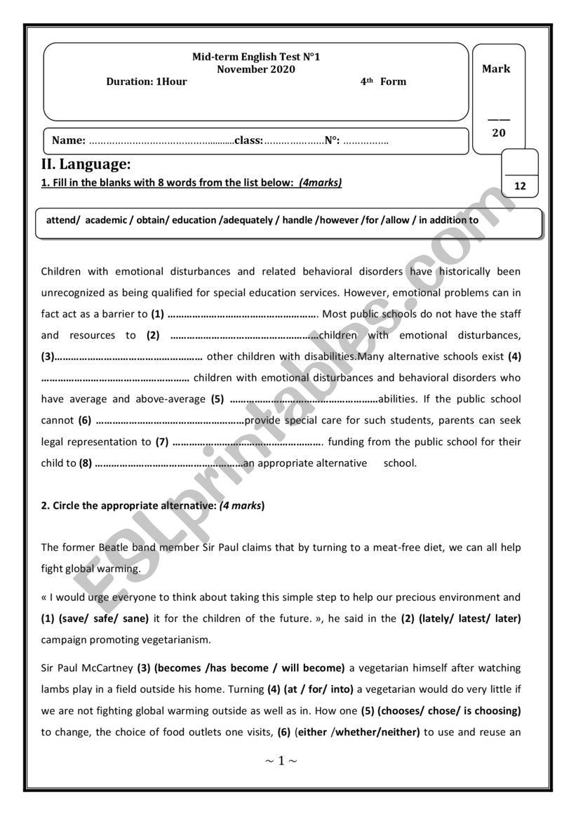 Mid-term test N°1 for bac students - ESL worksheet by youda