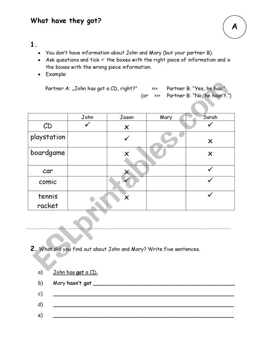 information gap has got hasnï¿½t got - ESL worksheet by Mr Atoz