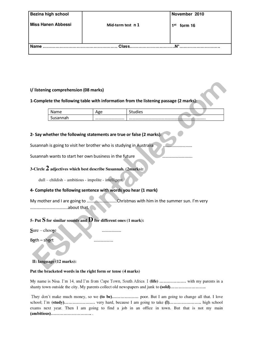 Mid-term-test N°1 1st form - ESL worksheet by Hafnawi07