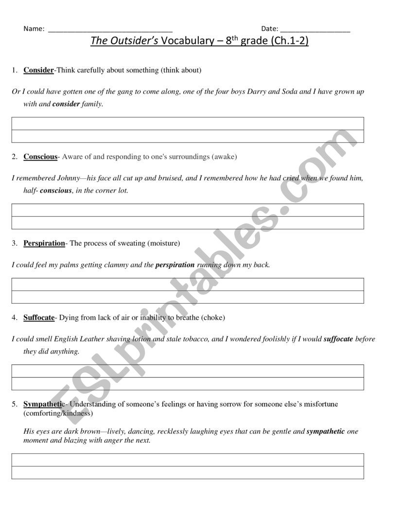 The Outsider’s Vocabulary – 8th grade (Ch.1-2) - ESL worksheet by hboyette