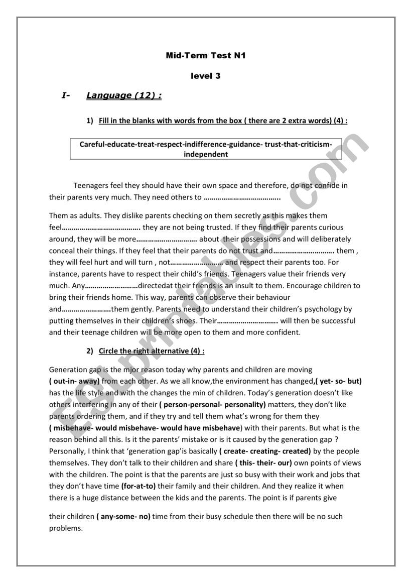 mid -term exam N°1 3rd form - ESL worksheet by dorsafthraya mid -term exam N°1 3rd form - ESL worksheet by dorsafthraya