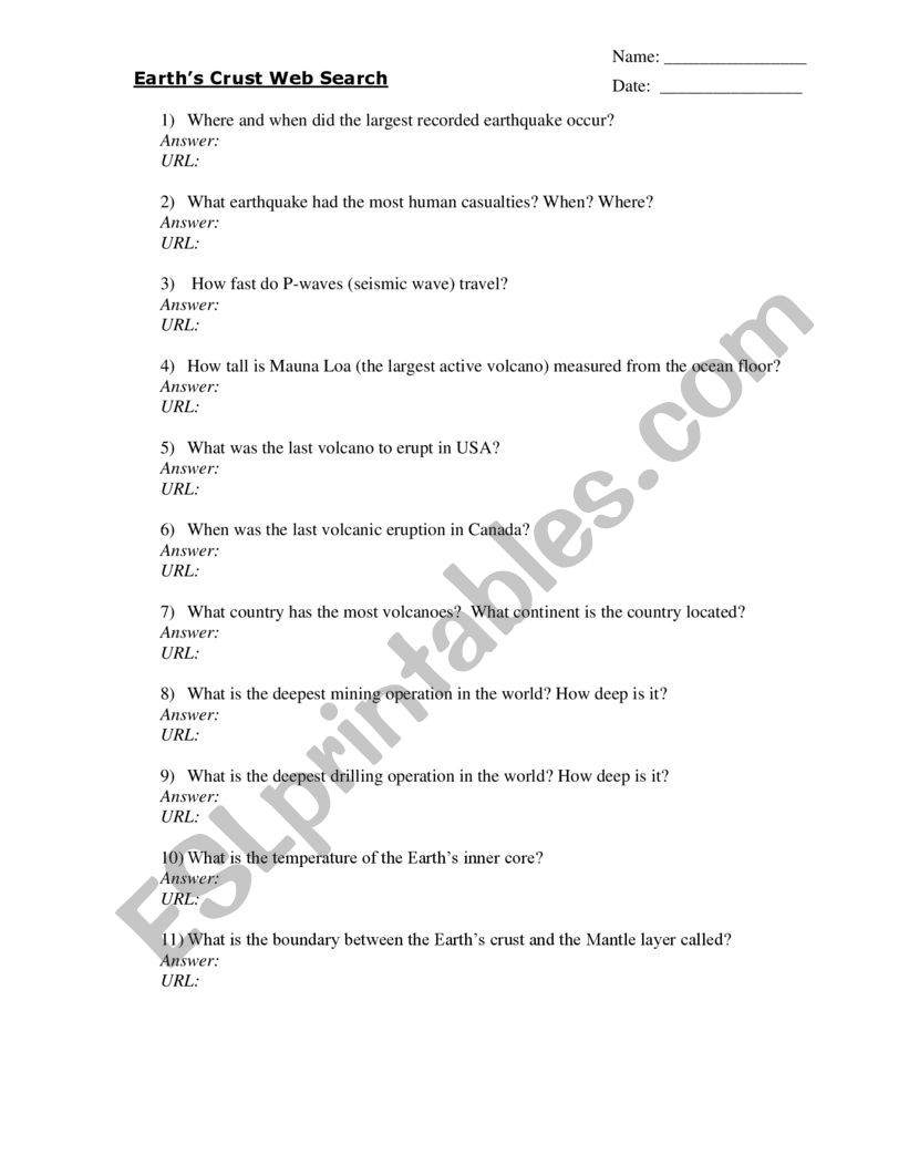 Science Computer Activity - EarthÃ¯Â¿Â½s Crust Websearch - ESL ...