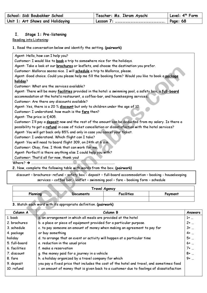 4th Form - Unit 1 - Lesson n° 7 - At The Travel Agency - ESL worksheet ...